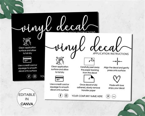 Vinyl Decal Application Instructions Card Editable Vinyl Care Card