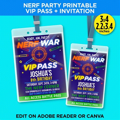Nerf Party Printable Vip Pass Invitation Nerf War Vip Pass Template Dart Wars Vip Badge