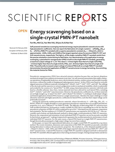 Pdf Energy Scavenging Based On A Single Crystal Pmn Pt Nanobelt
