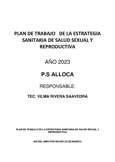 Plan De Trabajo Anual En Salud Sexual Y Reproductiva 2023 Ps Alloca
