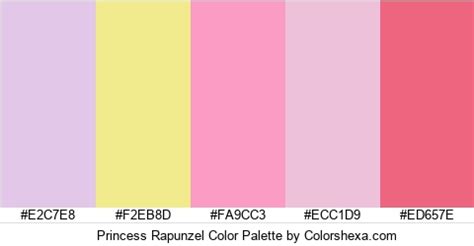 Princess Rapunzel Color Palette E2C7E8 F2EB8D FA9CC3 ECC1D9 ED657E Hex