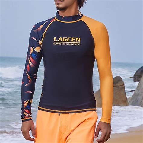 Mens Swim Shirt Athletic Swimwear Printed Quick Dry Breathable Long Sleeve Sun Shirt Top