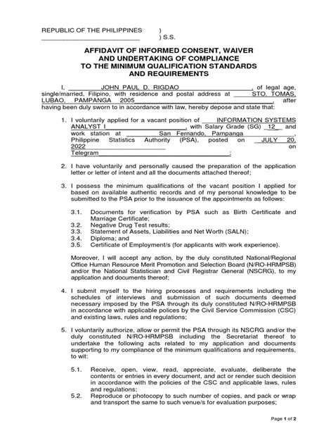 Affidavit Of Informed Consent Waiver And Undertaking Of Compliance To