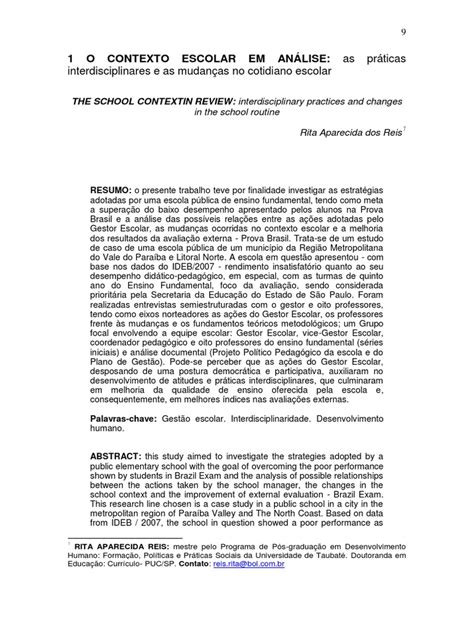 O Contexto Escolar Em AnÁlise As Práticas Interdisciplinares E As Mudanças No Cotidiano Escolar