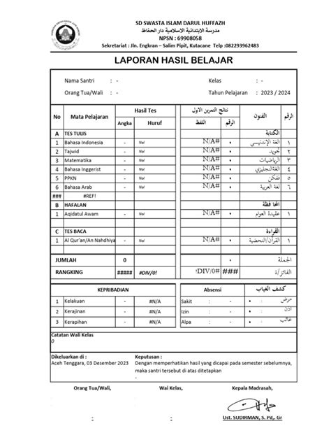 Raport Sd 1 Lembar Pdf