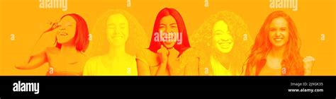 Collection Of Happy Multicultural Females On Orange Collage Stock