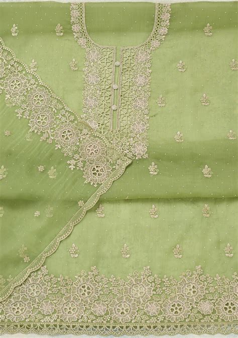 Pista Green Tissue Threadwork Unstitched Dress Material With Matching