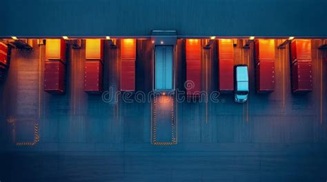 Aerial View Of Nighttime Warehouse Loading Dock With Red And White