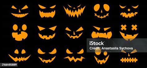 Scary Pumpkin Faces Vector Set Spooky Creepy Faces Icons On Black