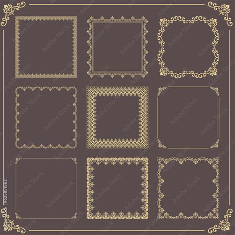 Vintage Set Of Elements Different Golden Square Elements For Decoration And Design Frames
