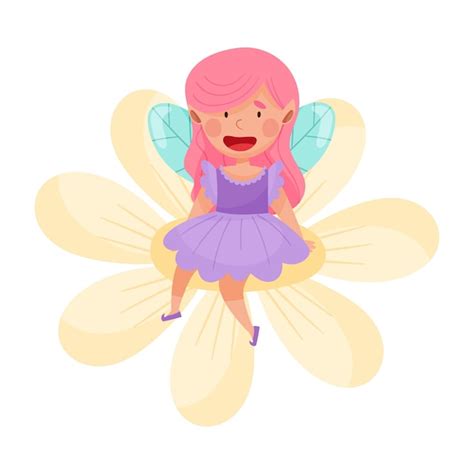 Premium Vector Smiling Fairy Or Pixie With Wings Sitting On Flower
