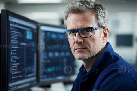 A Man In Glasses Sitting In Front Of Two Computer Monitors 60534046