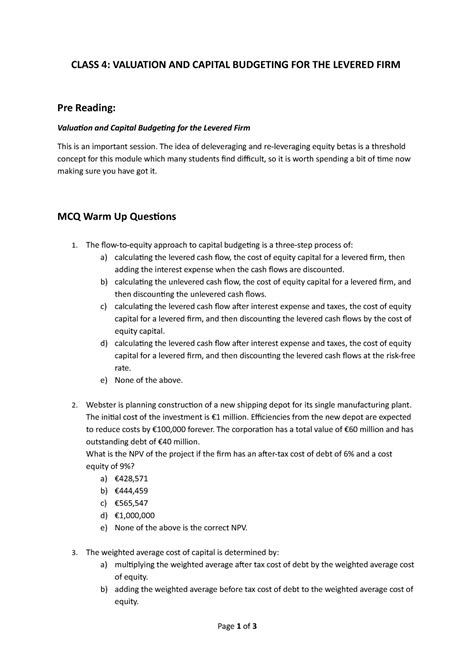Class 4 Preparation Seminar Class 4 Valuation And Capital