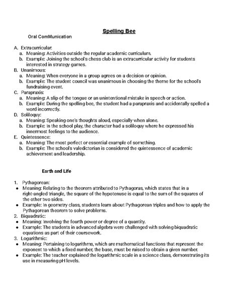 Spell Bee Spelling Bee Oral Communication A Extracurricular A Meaning Activities Outside