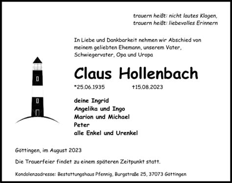 Traueranzeigen Von Claus Hollenbach Trauer Anzeigende