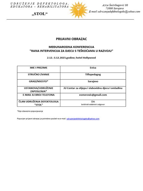 Prijavni Obrazac Rana Intervencija Pdf