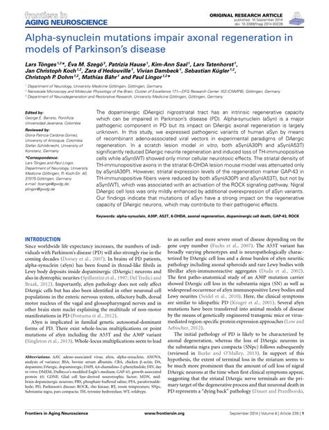 Pdf Alpha Synuclein Mutations Impair Axonal Regeneration In Models Of