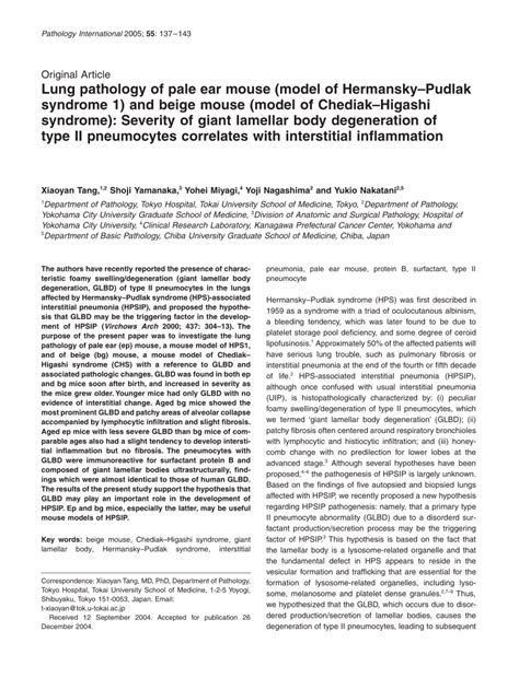 Pdf Lung Pathology Of Pale Ear Mouse Model Of Hermansky Pudlak Syndrome 1 And Beige Mouse
