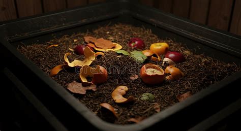 Compost Bin Filled With Brown Organic Matter And Fruit Scraps Stock