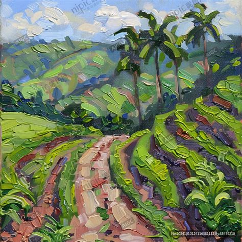 Ai创作图农村风景插画 梯田产业果树马路 水稻梯田插画 农村田野插画 田园风景插画 茶园风景插画 田园风光插画 茶园风光插画 西双版纳旅游插画