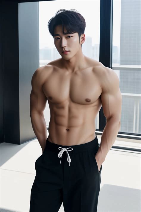 A Shirtless Man Standing In Front Of A Window With His Hands On His