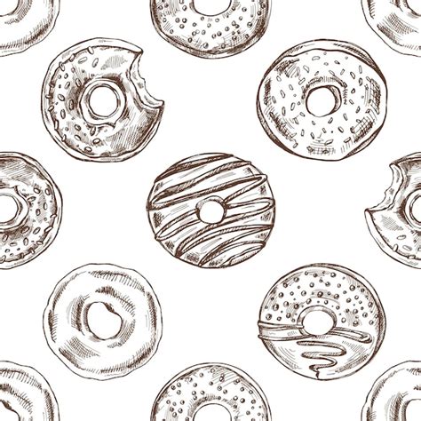 Premium Vector Seamless Pattern Of Donut Hand Drawn Doughnut Sketch
