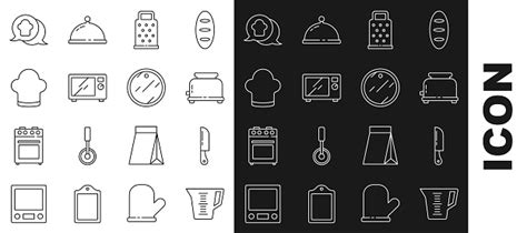 세트 라인 측정 컵 나이프 토스터 그강 전자 레인지 요리사 모자 스피치 버블 및 도마 아이콘 벡터 Brand Name Online Messaging Platform에 대한