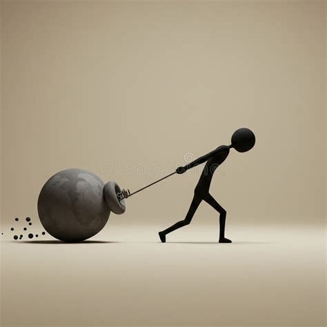 Symbolic Black Figure Struggles To Pull Heavy Stone Ball On Beig Stock