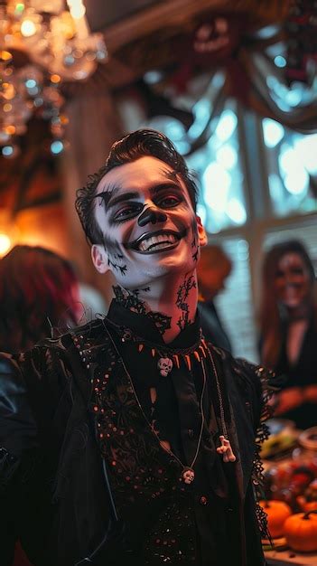 Man Dressed As Dracula Vampire At A Halloween Party Smiling With Fangs