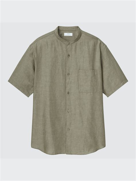 Mens Linen Cotton Stand Collar Short Sleeve Shirt Uniqlo Ca