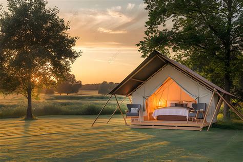 Romantic Glamping Tent Scene With Sunset And Warm Lighting Background