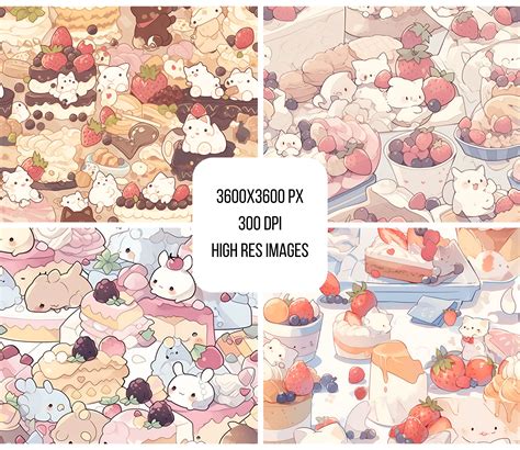 Kawaii Pattern Anime Seamless Pattern Cake Kitten Digital Paper Anime
