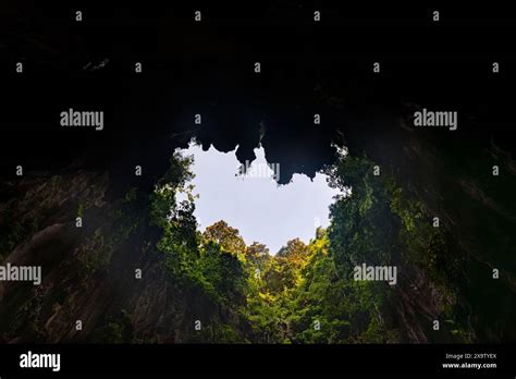Beautiful Cave With Sky And Forest Inside Limestone Cave Of Batu Cave