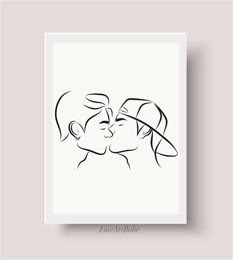 Gay Kiss Line Art Lgbt Couple Print Two Man Love Drawing Two Men