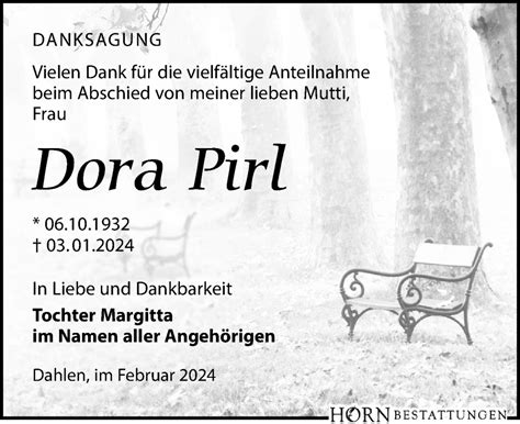 Traueranzeigen Von Dora Pirl Trauer Anzeigende