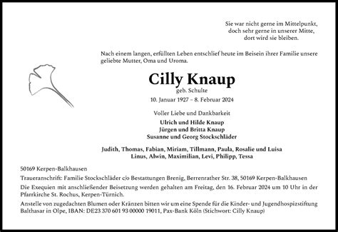 Traueranzeigen Von Cilly Knaup Wirtrauern