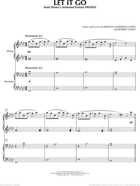 Robert Lopez Let It Go From Frozen Sheet Music For Piano Four Hands