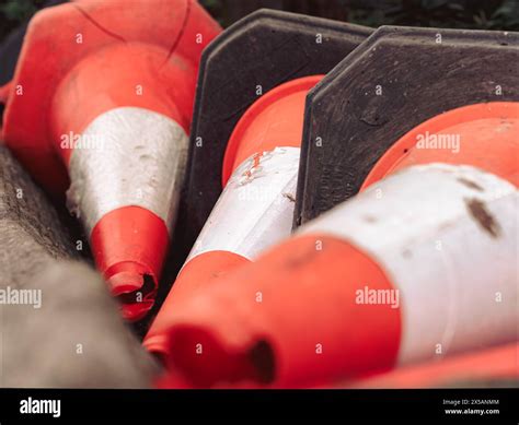 Traffic Cones Piled Together Close Up Of Reflective Red Traffic Calming