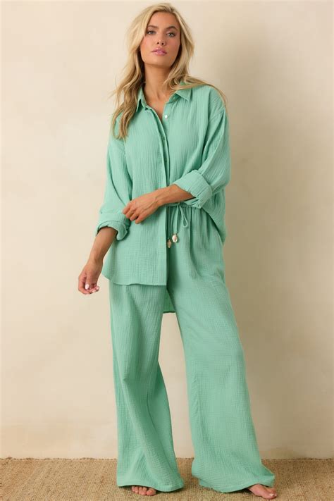 Paradisa Dunedin Seaglass Green Cotton Drawstring Pants Red Dress
