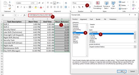 how to calculate hours between two times after midnight in excel