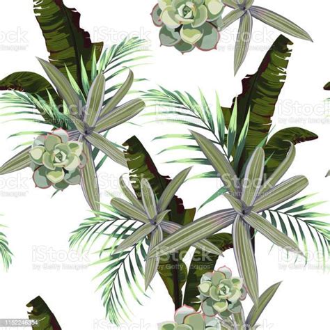 이국적인 열 대 식물이 있는 완벽 한 패턴입니다 흰색 바탕에 녹색과 보라색 열 대 식물 벡터 완벽 한 패턴입니다 열 대 그림입니다 정글 단풍 0명에 대한 스톡 벡터 아트 및