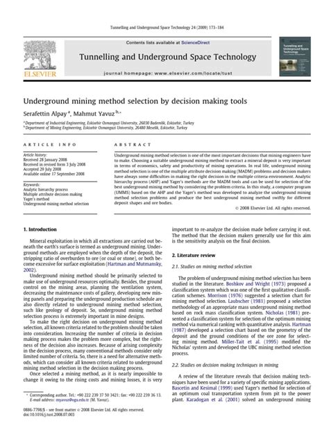 2009 Underground Mining Method Selection By Decision Making Tools Pdf Mining Eigenvalues