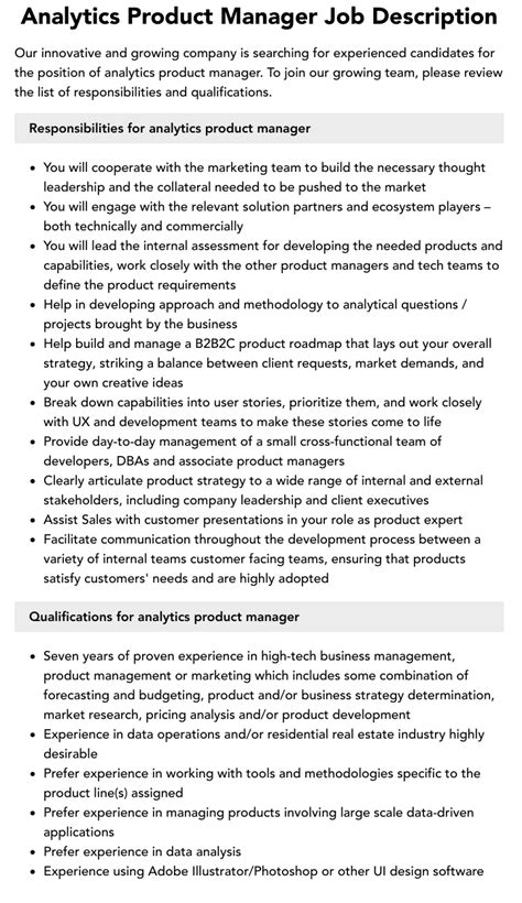 Analytics Product Manager Job Description Velvet Jobs