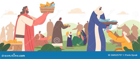 Apostles Of Christ Characters Give Food To Hungry Crowd Biblical Story About God Creating