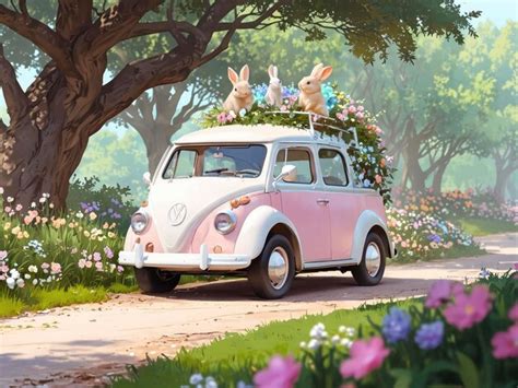 A Pink And White Vw Van With Bunny Ears On Top Of It Premium Ai