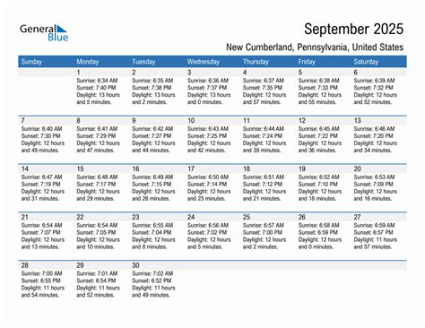 September 2025 Sunrise And Sunset Calendar For New Cumberland United