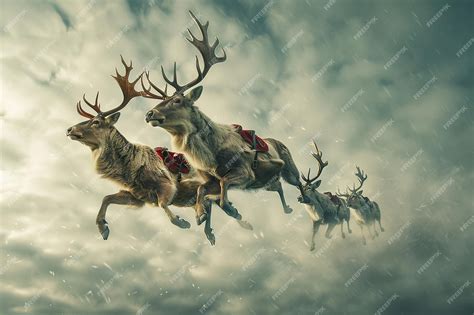Photography Of Christmas Santa And Reindeer Flying Background Premium