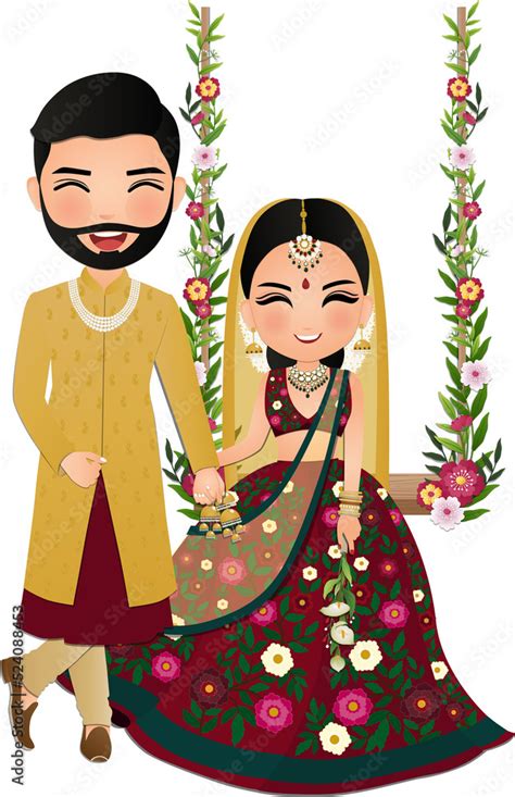 Poster Bride And Groom Cute Couple In Traditional Indian Dress Cartoon