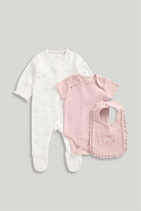 Embroidered Cotton Full Length Infant Girls Sleepsuit Bosysuit And Bib