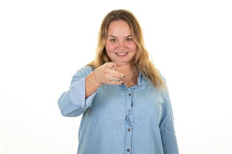 Plus Size Girl In Blue Shirt Woman Portrait Front Hand Fingers On White